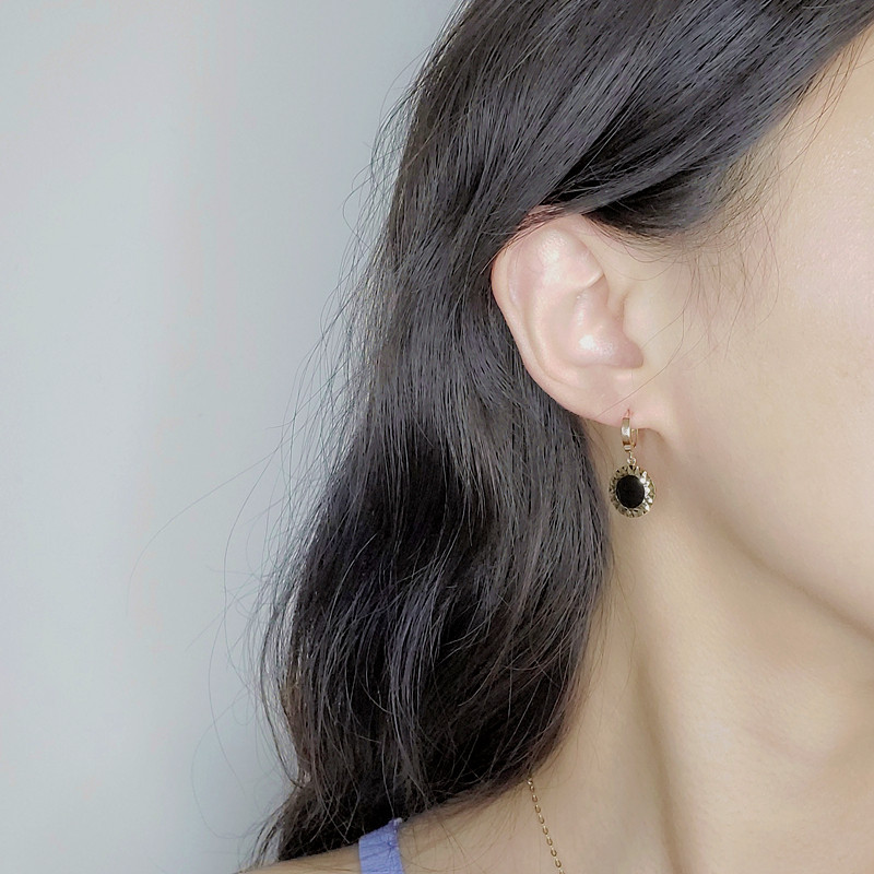 吉恩希韩国正品纯14K黄金Au585黑玛瑙款圆片耳环女切割亮面耳圈_虎窝淘