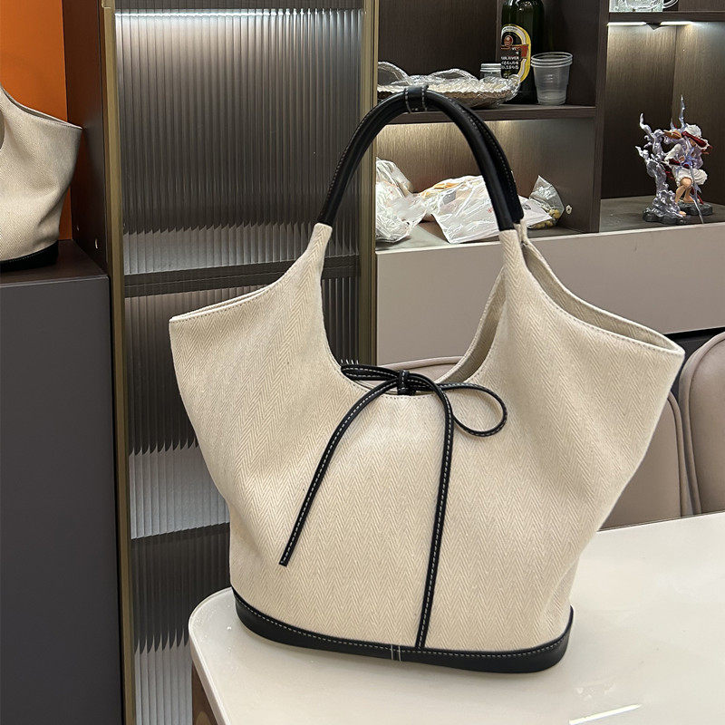 in stock South Korea Niche French Bow Tote Bag Canvas Patchwork Simple ...