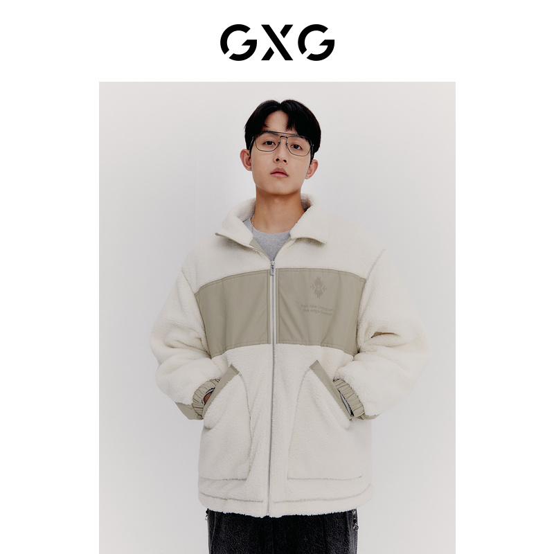 GXG男装拼接仿羊羔绒立领夹克外套时尚潮流简约 2022年冬季新品_虎窝淘