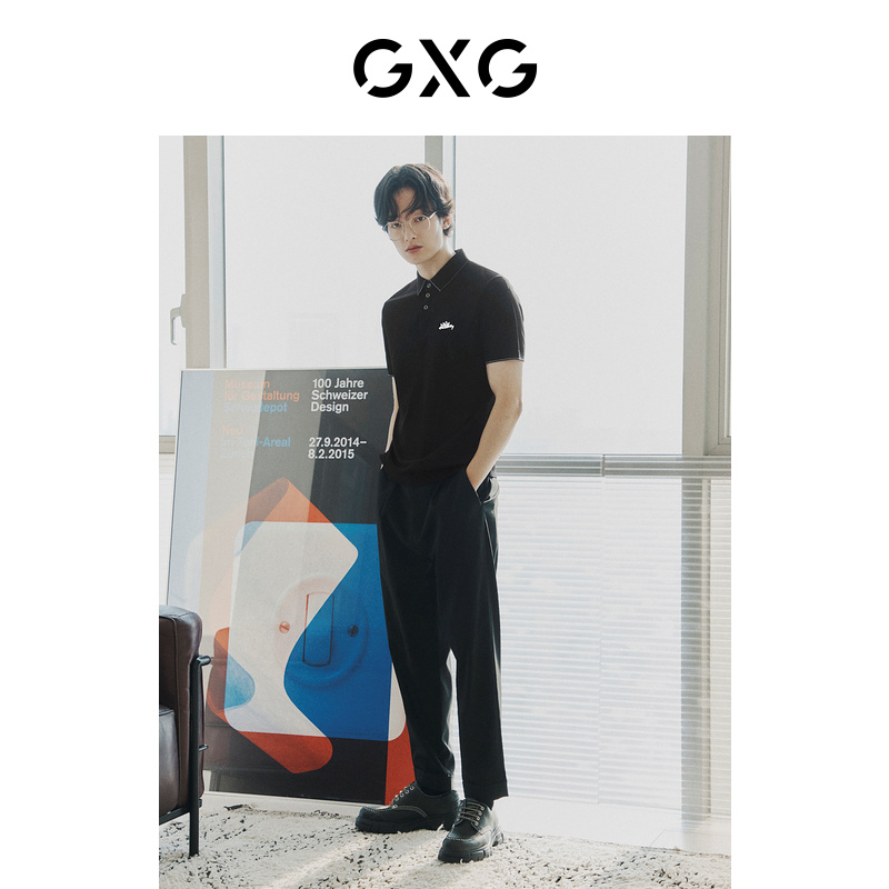 GXG男装黑色凉感明线短袖商务男士POLO衫 2023年春夏热卖_虎窝淘