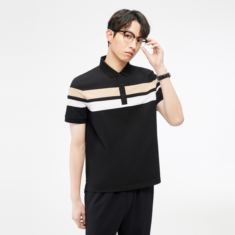 GXG男装黑色撞色设计基础时尚商务短袖polo衫 2023年夏季新品_虎窝淘