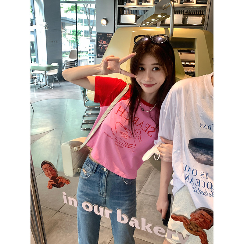 EKOOL定制撞色卡通字母印花短袖T恤女夏韩版百搭显瘦短款圆领上衣_虎窝淘