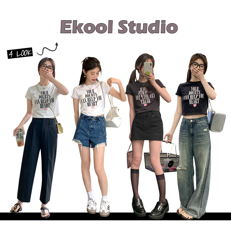 EKOOL定制蕾丝花边拼接正肩短袖T恤女夏季宽松露腰辣妹短款上衣_虎窝淘