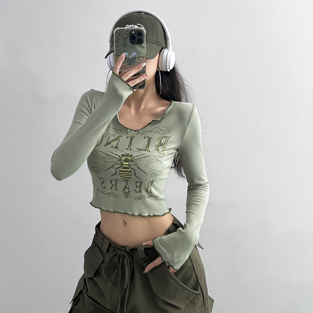 American retro hot girl long-sleeved T-shirt for women in summer design ...