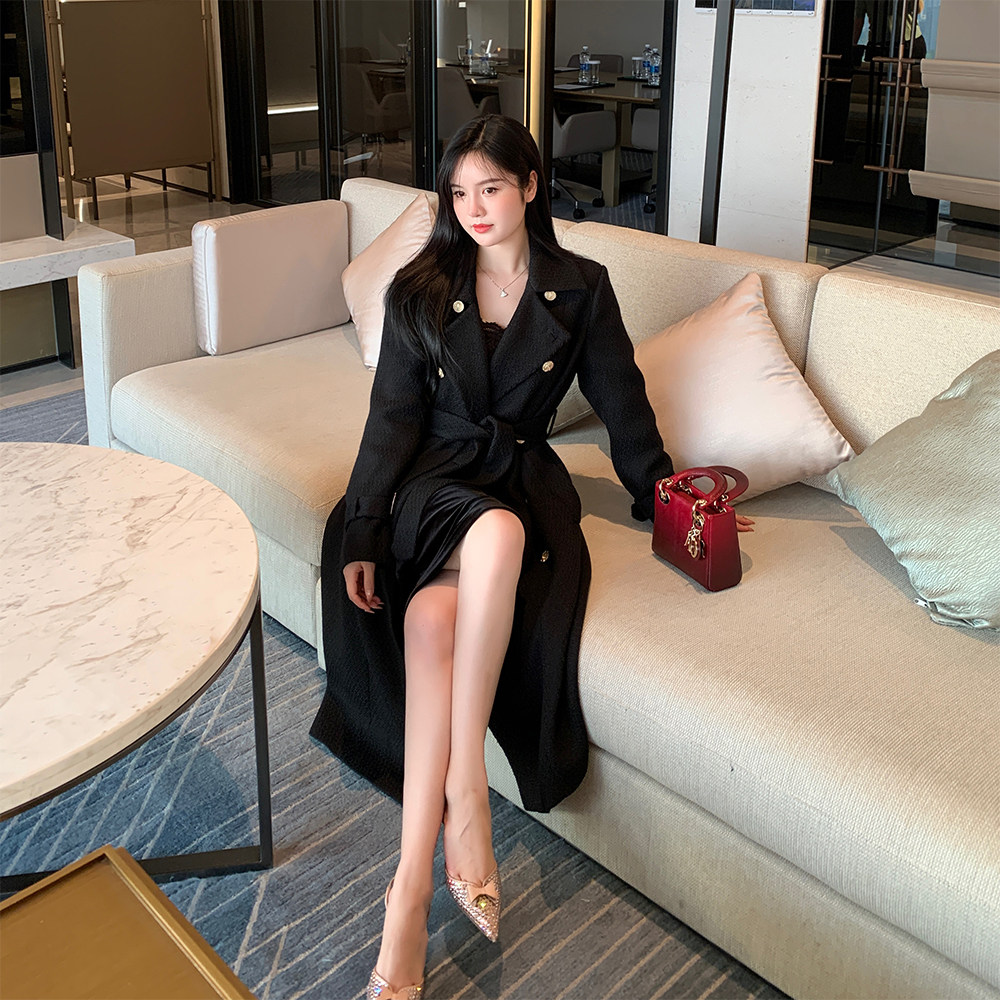 司凰轻奢【黑标连卡佛VVVIP】黑色中长款气质羊毛呢修身大衣外套_虎窝淘