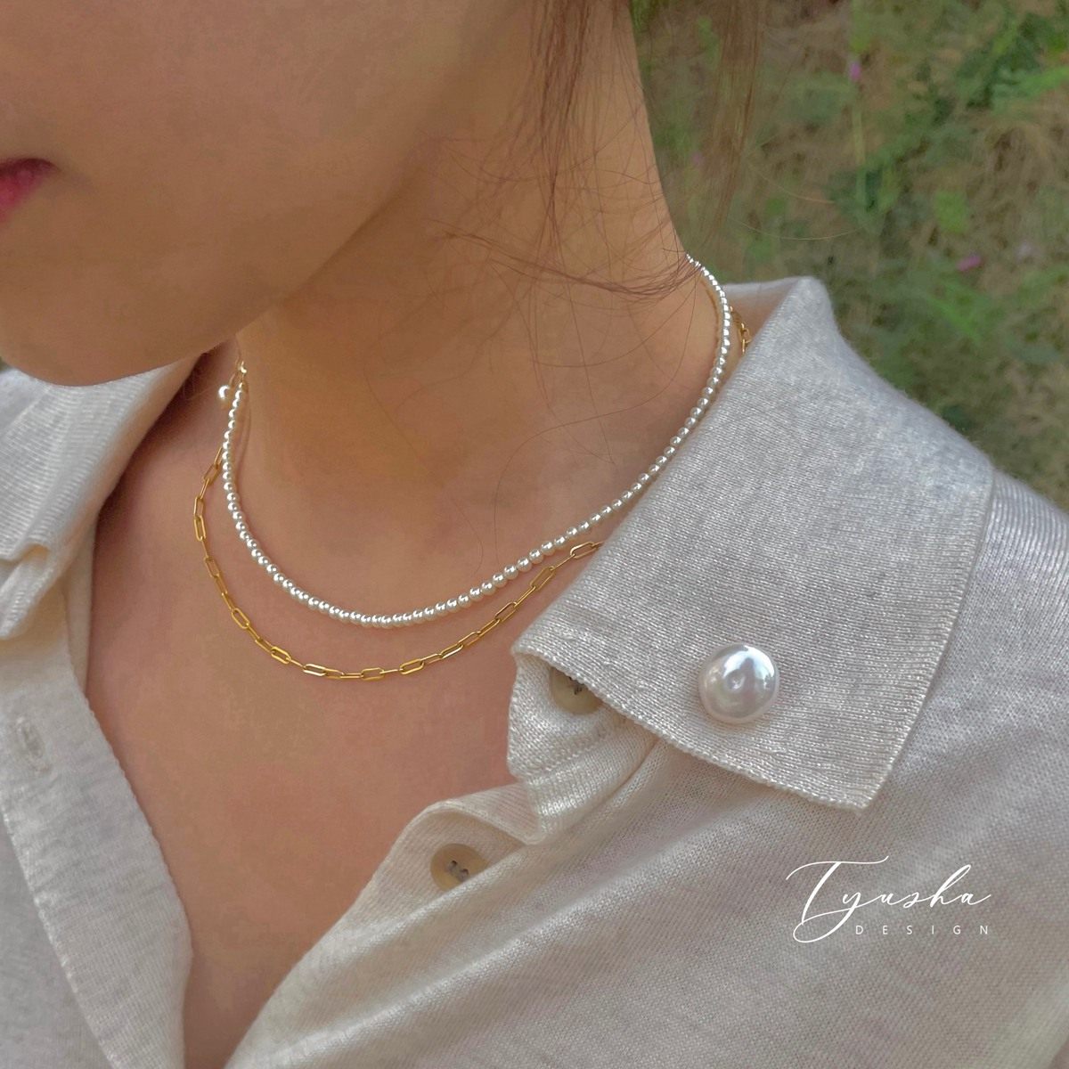 Tyusha奶油白baby强光施家珍珠项链14k包金毛衣百搭女锁骨链网红_虎窝淘