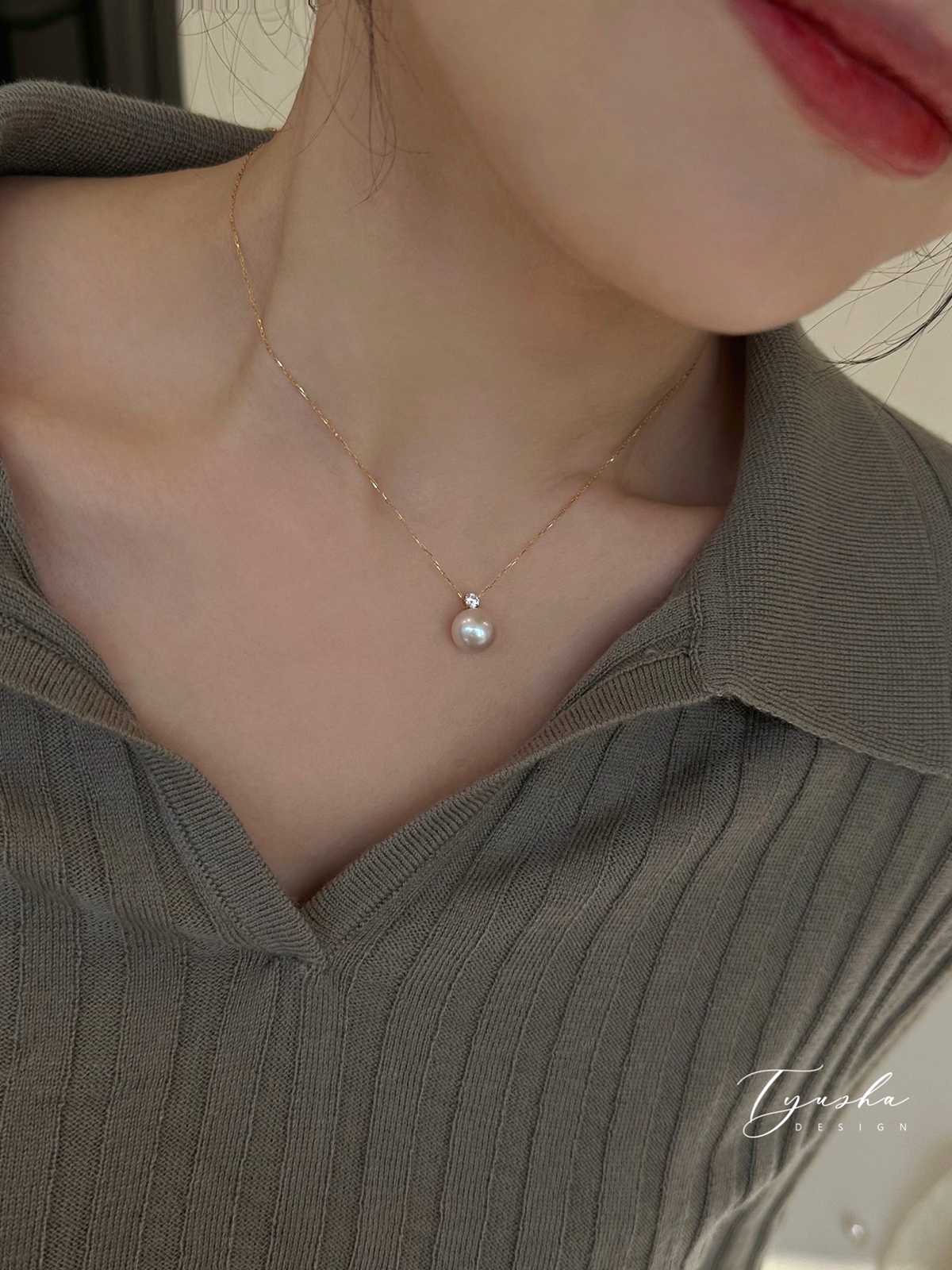 Tyusha精致高端18k金天然强光爱迪生珍珠项链女戴妃款单颗锁骨链_虎窝淘