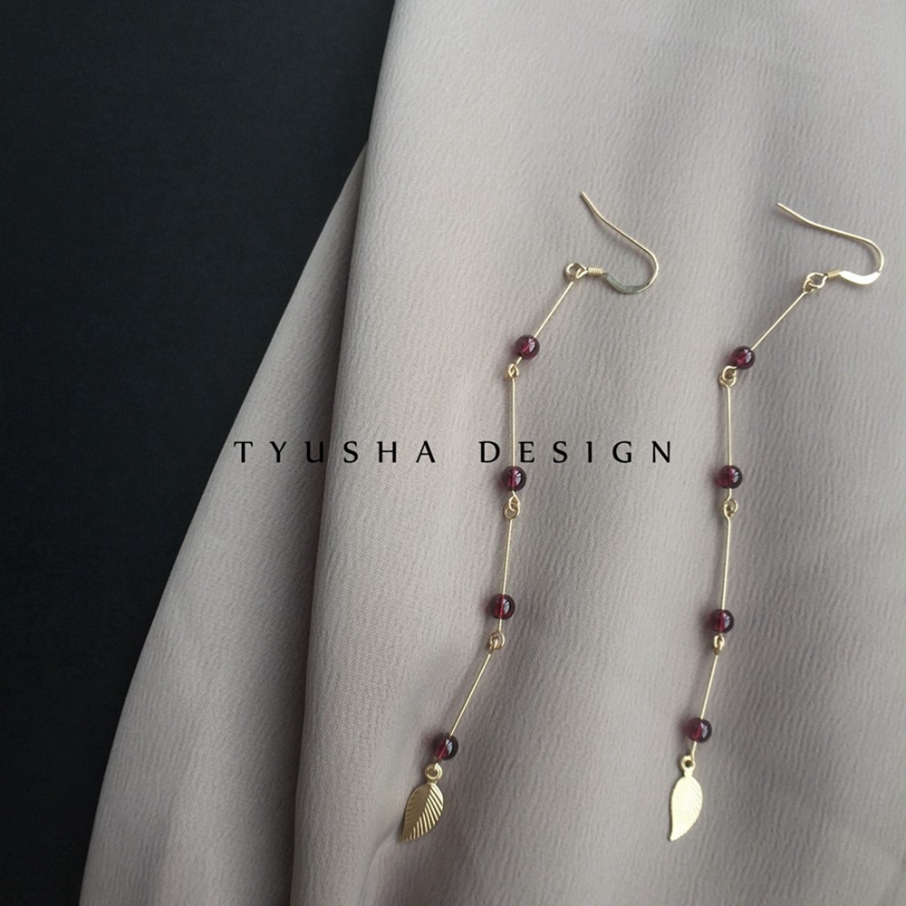 TYUSHA紫欲天然紫牙乌石榴石进口14K注金包金树叶长款耳线耳环_虎窝淘