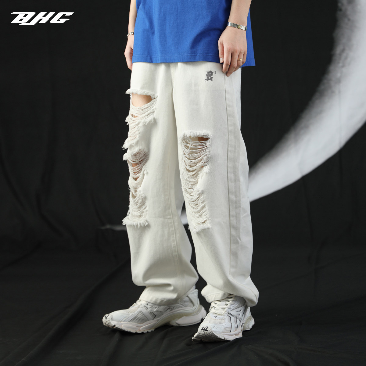 BJHG不计后果秋季直筒破洞牛仔裤男潮牌痞帅阔腿美式高街休闲裤子_虎窝淘