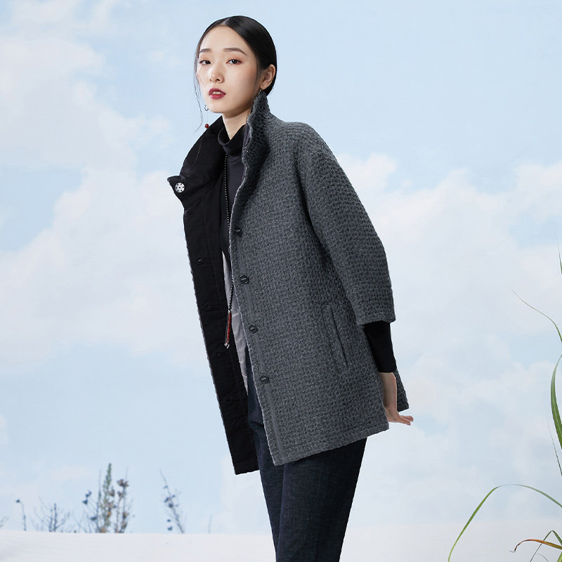 TANGY/天意秋季新款宽松简约休闲羊毛七分袖中长款呢外套_虎窝淘