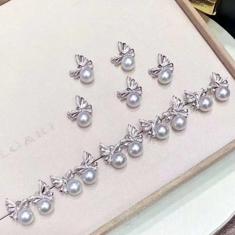 DIY珍珠配件套装 S925纯银蝴蝶结K金款吊坠耳钉空托珍珠配件托_虎窝淘