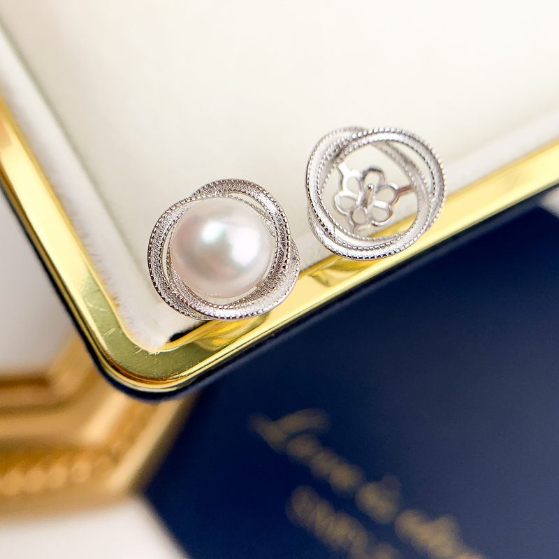 DIY珍珠配件 S925纯银耳钉空托遮瑕款银饰耳环托配7-8mm圆扁珠_虎窝淘