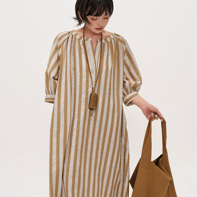 Tan Yanmi fruit shell wood color summer loose vertical striped short ...