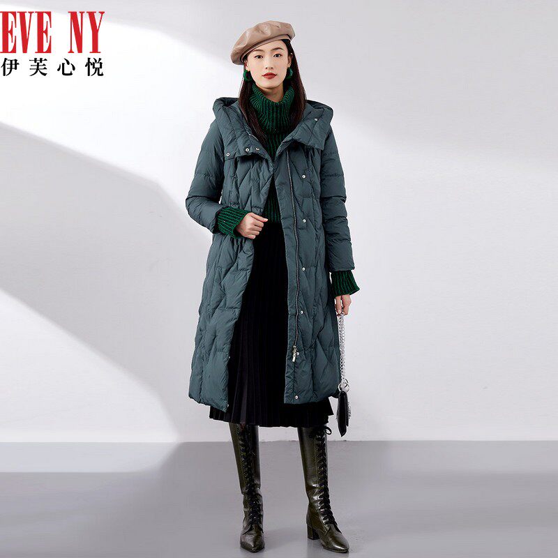 EVENY伊芙心悦冬新款时尚连帽菱形格加厚中长款白鸭绒女羽绒服_虎窝淘