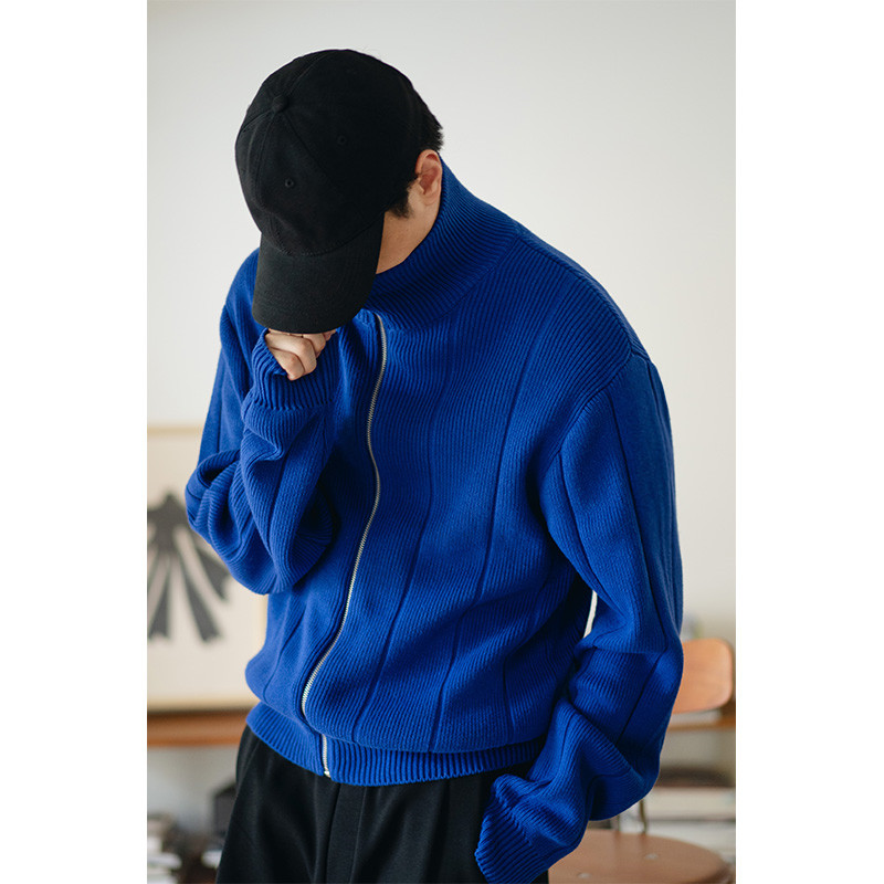 BDCT原创高领拉链毛衣男国潮秋冬街头基础宽松克莱因蓝针织开衫_虎窝淘