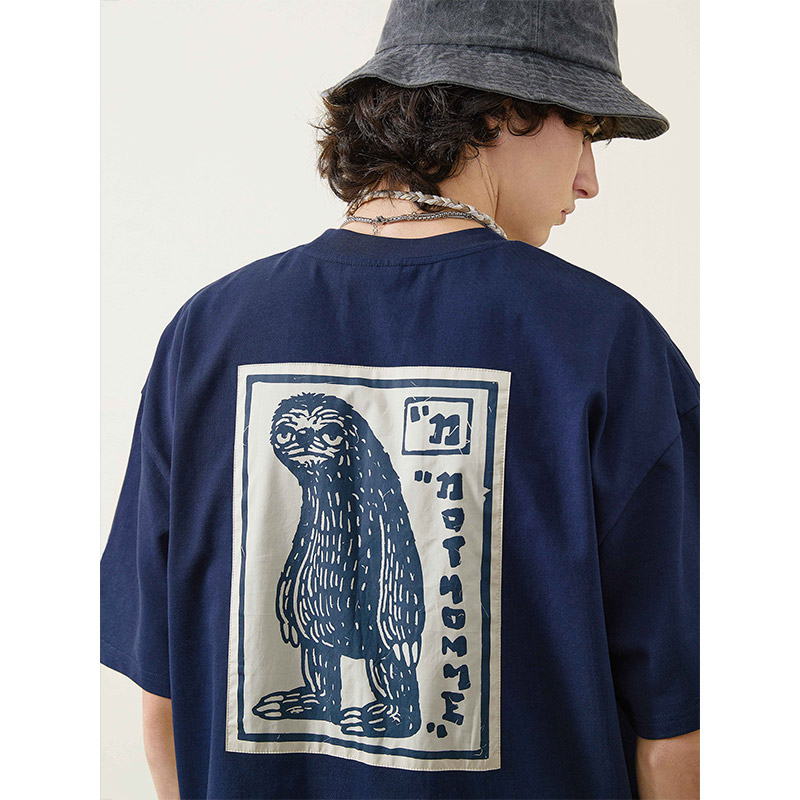 NOTHOMME重磅280g全棉日系潮牌二本针后背树懒贴布印花短袖T恤男_虎窝淘