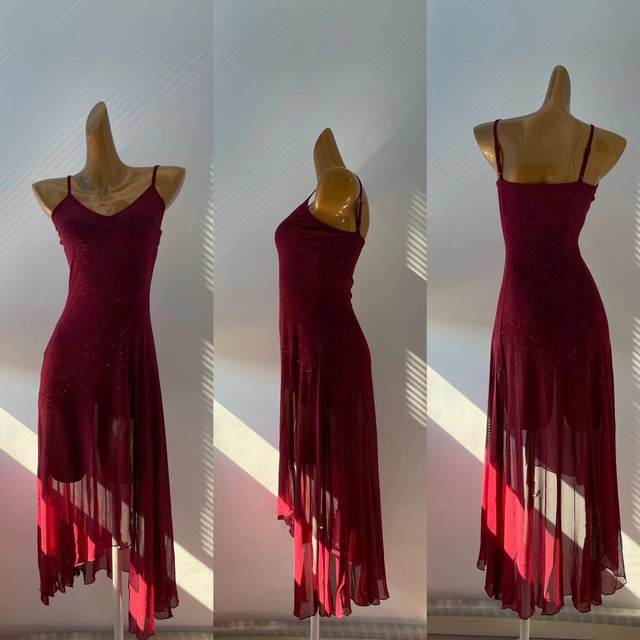 SOSO Classical Dance Skirt Dancer Practice Dressing Driven Red Flash irregular suspender long ...