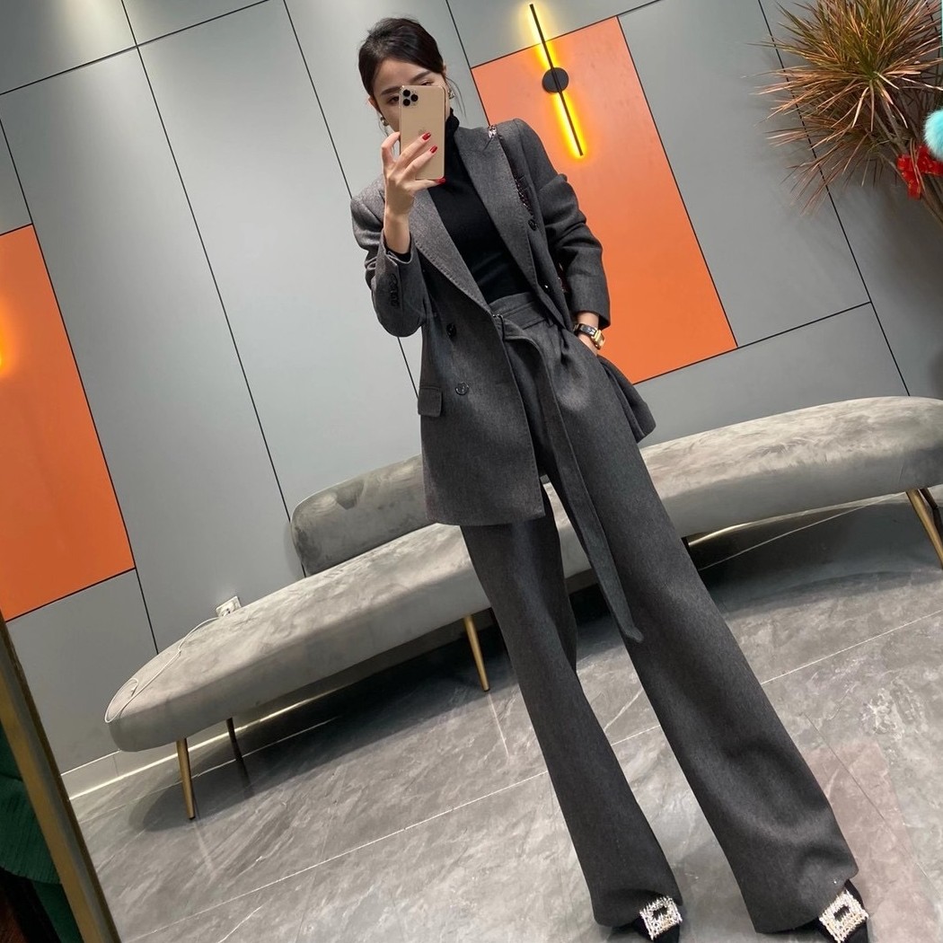ZIZM套装秋冬2023新款时尚羊毛呢西装外套阔腿裤职业装气质两件套_虎窝淘