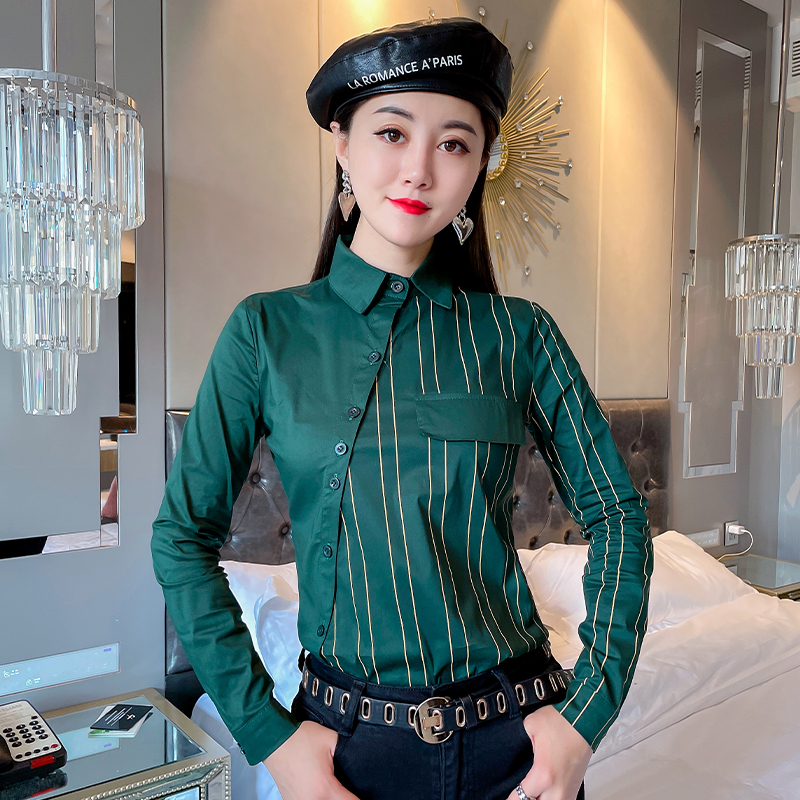 条纹衬衫女设计感小众2021秋冬新款修身显瘦韩版职业气质长袖衬衣_虎窝淘