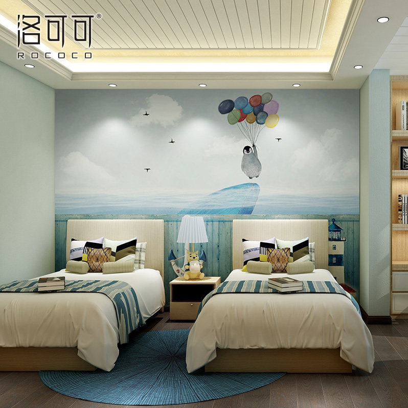 洛可可壁纸儿童房企鹅气球环保可爱卧室背景墙壁画宿舍酒店墙纸_虎窝淘