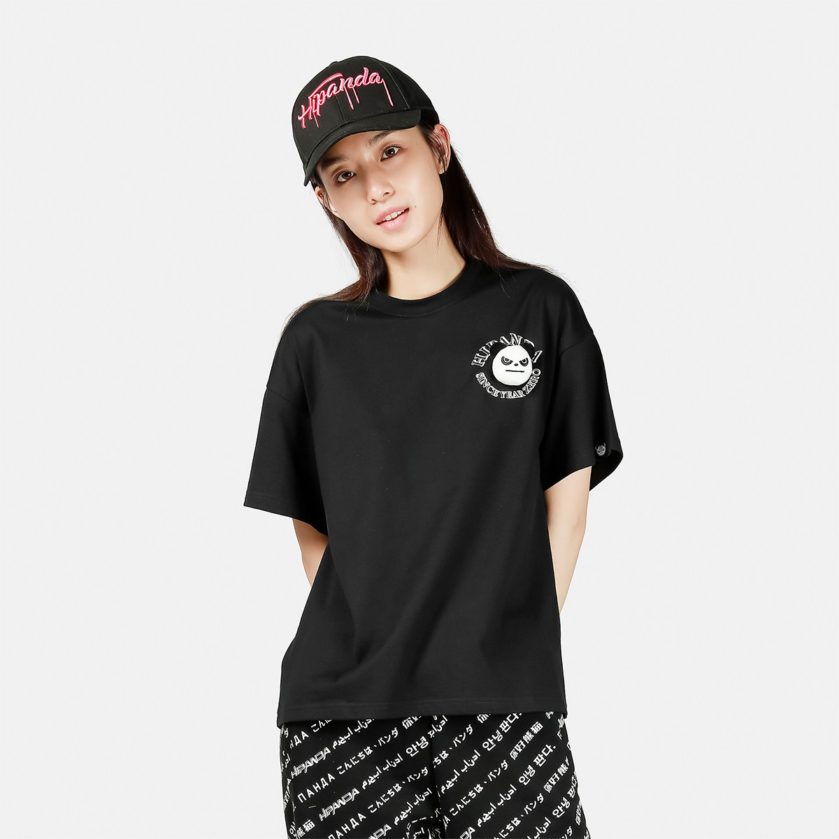 Hipanda你好熊猫设计潮牌夏季女款可拆熊猫头立体公仔玩偶短袖T恤_虎窝淘