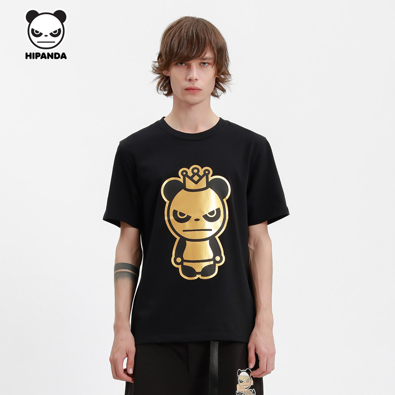Hipanda你好熊猫T恤男夏季经典皇冠熊猫烫金短袖设计街头潮牌_虎窝淘