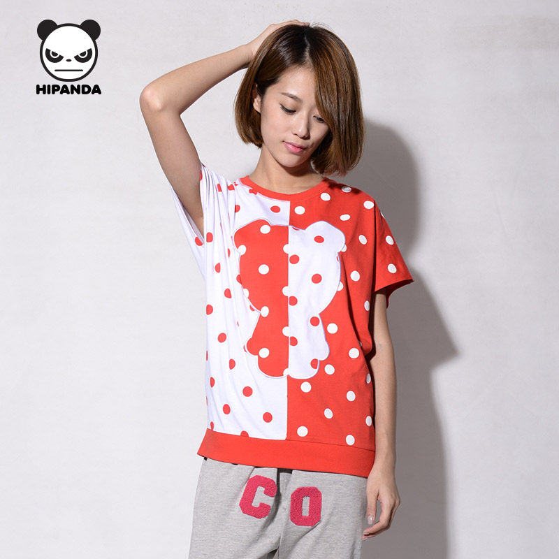HIPANDA你好熊猫设计潮牌女款波点拼接短袖T_虎窝淘