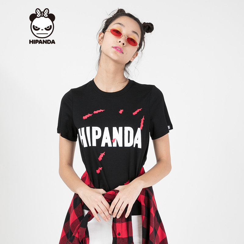 Hipanda你好熊猫设计潮牌女款休闲黑色英文印花圆领上衣短袖T恤_虎窝淘