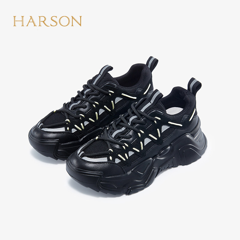 哈森春季新款透气运动休闲鞋女港风厚底小个子老爹鞋HC221608_虎窝淘