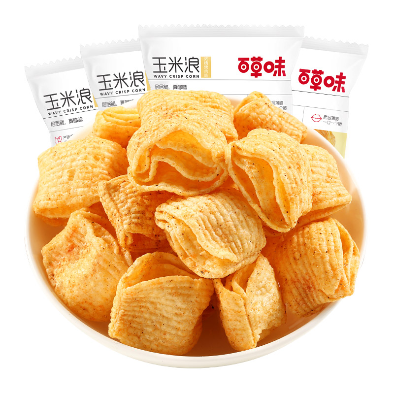 百草味玉米浪烤肉味40g*4波浪薯片办公室小吃零食网红膨化宿舍_虎窝淘
