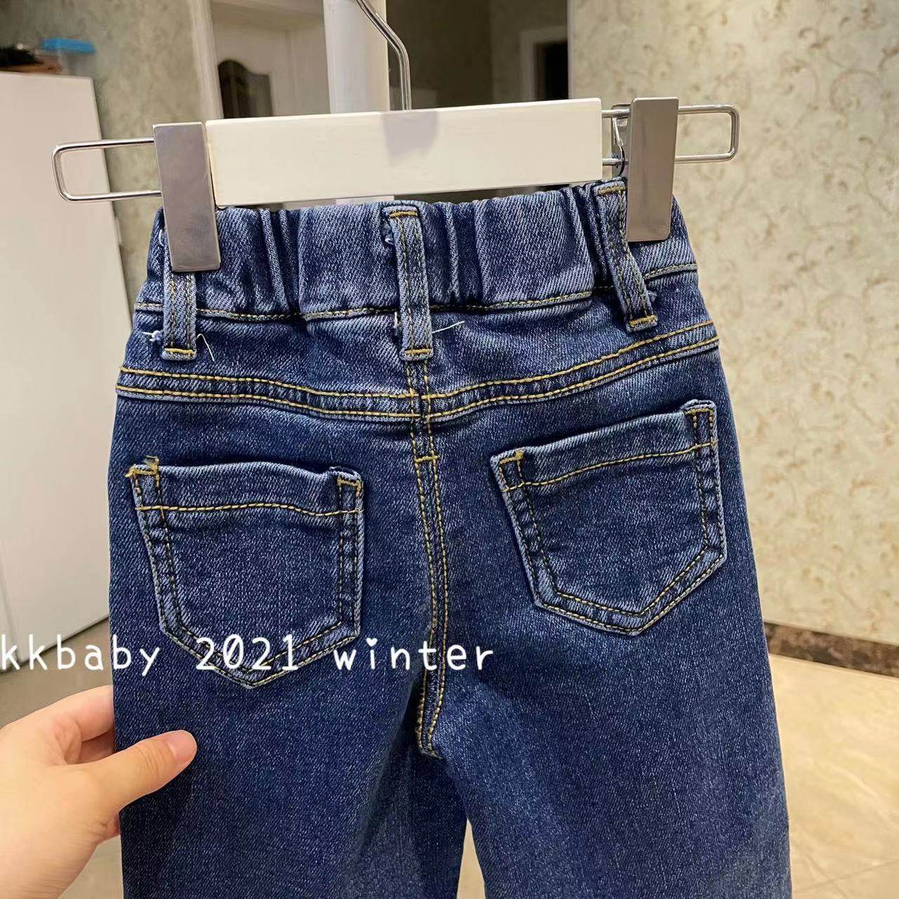 kkbaby韩版童装21冬女童洋气时尚纯色舒适薄绒阔腿裤直筒裤牛仔裤_虎窝淘