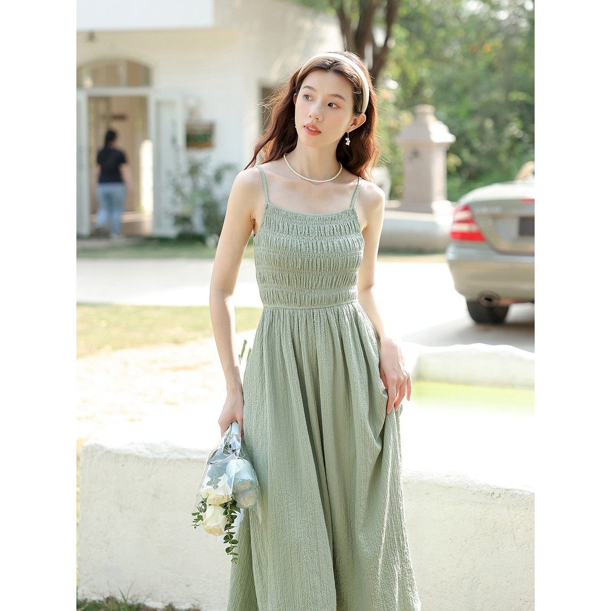 绿色吊带连衣裙女夏季2023新款裙子新中式两件套装法式气质长裙虎窝淘 1442