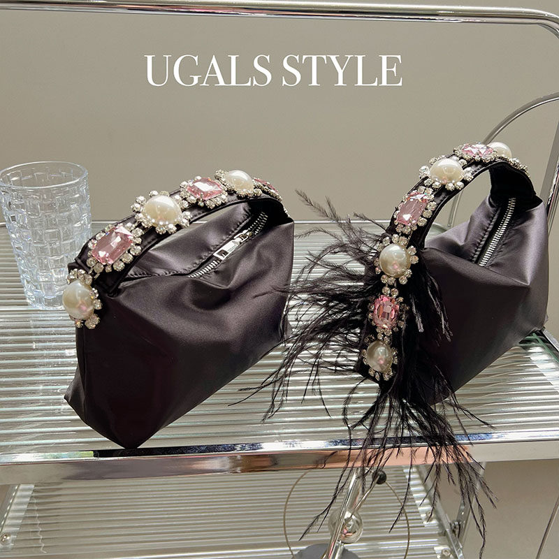 UGALS法式晚宴鸵鸟毛饭盒包手工镶钻花朵宝石丝绸缎面手拿手机包_虎窝淘