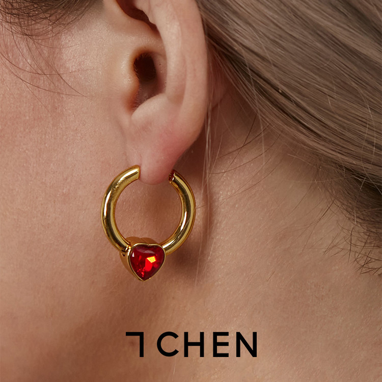 7CHEN欧美秋冬红宝石爱心耳环高级设计感气质时髦小众耳钉耳饰女_虎窝淘