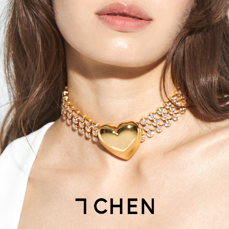 7CHEN欧美金色大爱心满钻项链小众夸张个性高级设计感饰品颈链_虎窝淘