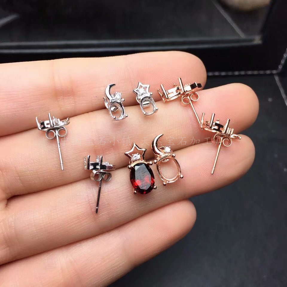 s925纯银椭圆3*4 4*5 5*6 6*7mm耳钉空托镶钳翡翠蛋面晶石简约_虎窝淘