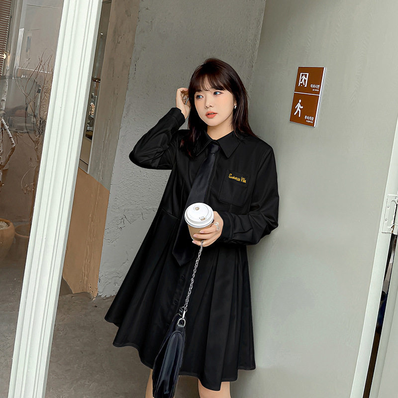 Vaee大码女装连衣裙秋季韩版学院风胖mm衬衫裙子纯色长袖a字裙短_虎窝淘