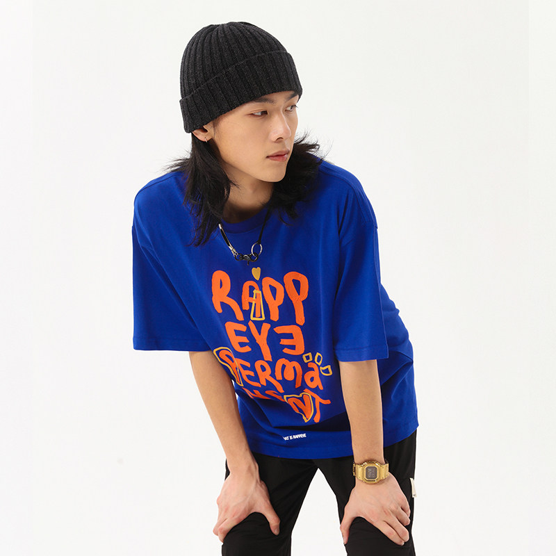 RAPPEYE帅气街头拉浆字母短袖男潮牌宽松个性情侣克莱因蓝T恤_虎窝淘