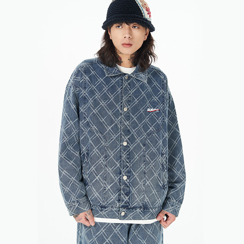 RAPPEYE网格牛仔套装春季新款美式休闲上衣宽松街头满印夹克外套_虎窝淘