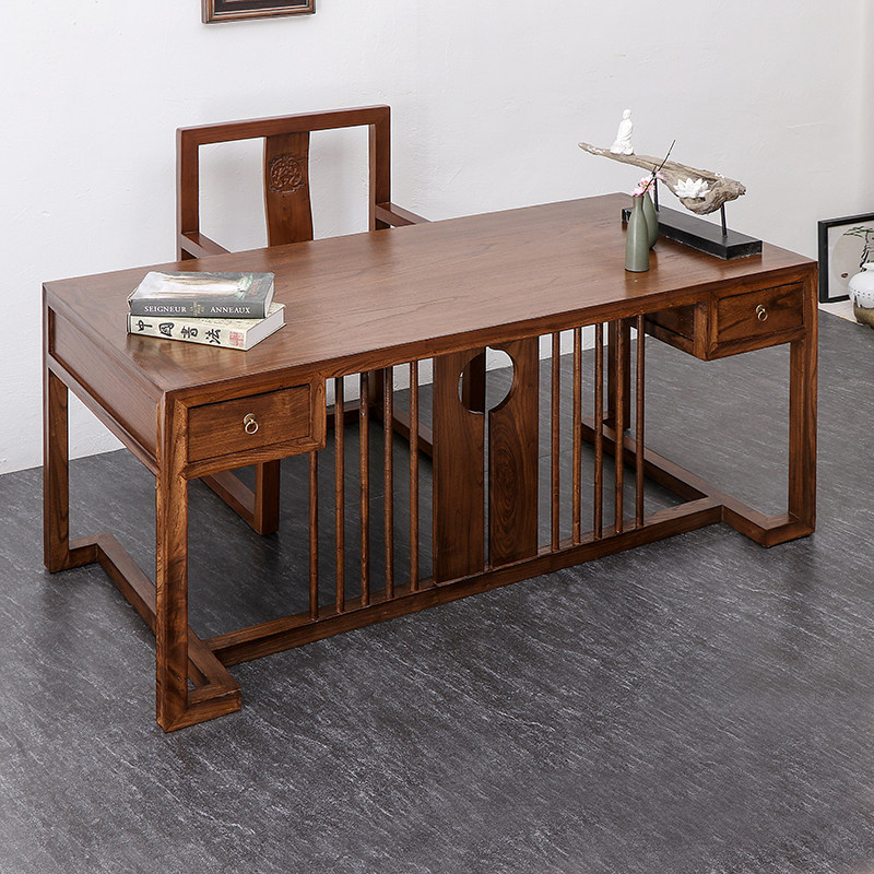 新中式榆木书桌实木书法台家用写字桌办公室书房办公电脑桌可定制_虎窝淘