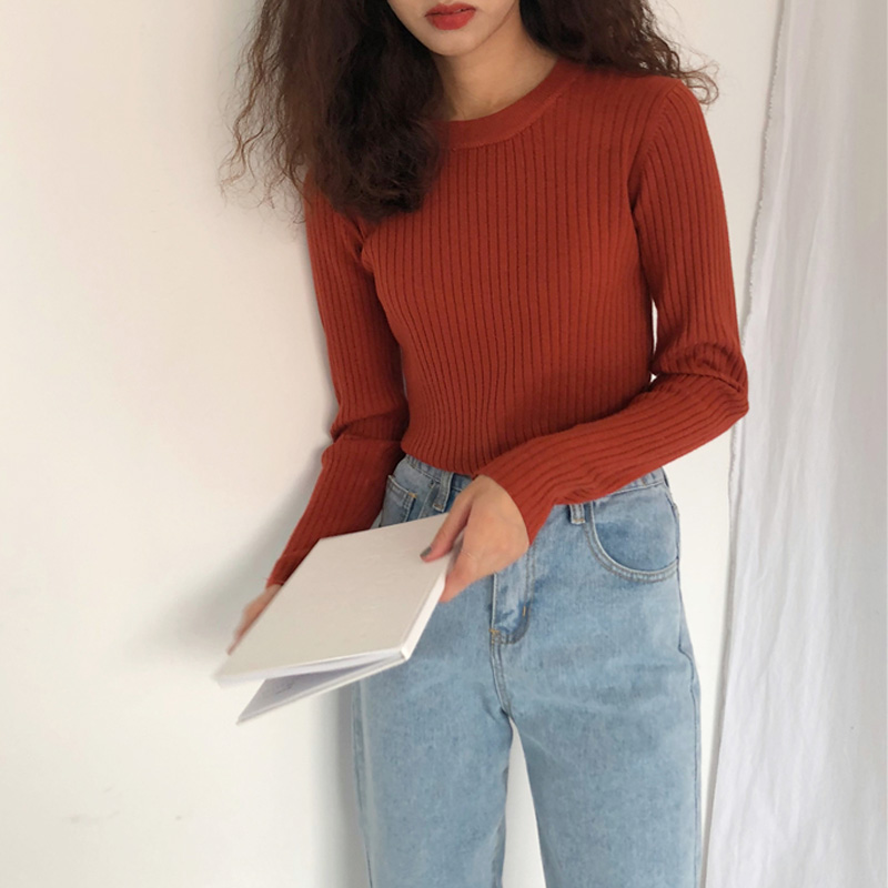 复古chic砖红色毛衣女冬季内搭打底修身弹力软糯针织衫铁锈红上衣_虎窝淘