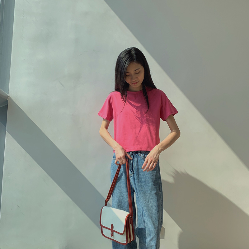 棉质砖红色短款短袖T恤女夏高腰显瘦露脐学生百搭洋气体恤上衣服_虎窝淘