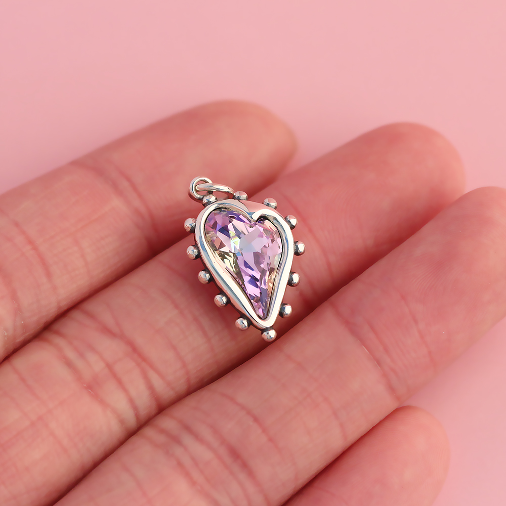 s925纯银镶彩色锆石不规则桃心吊坠东大门时尚diy项链挂件_虎窝淘