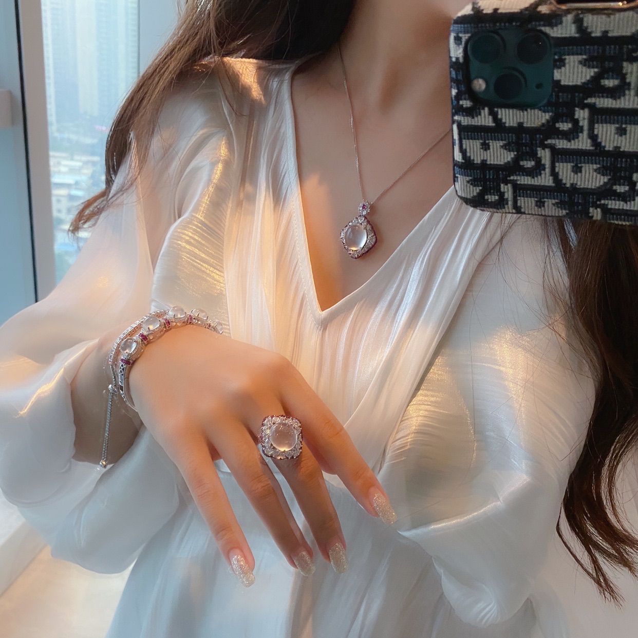 VISING珠宝天然水沫玉缅甸石英岩玉玻璃种耳坠戒指吊坠S925银_虎窝淘