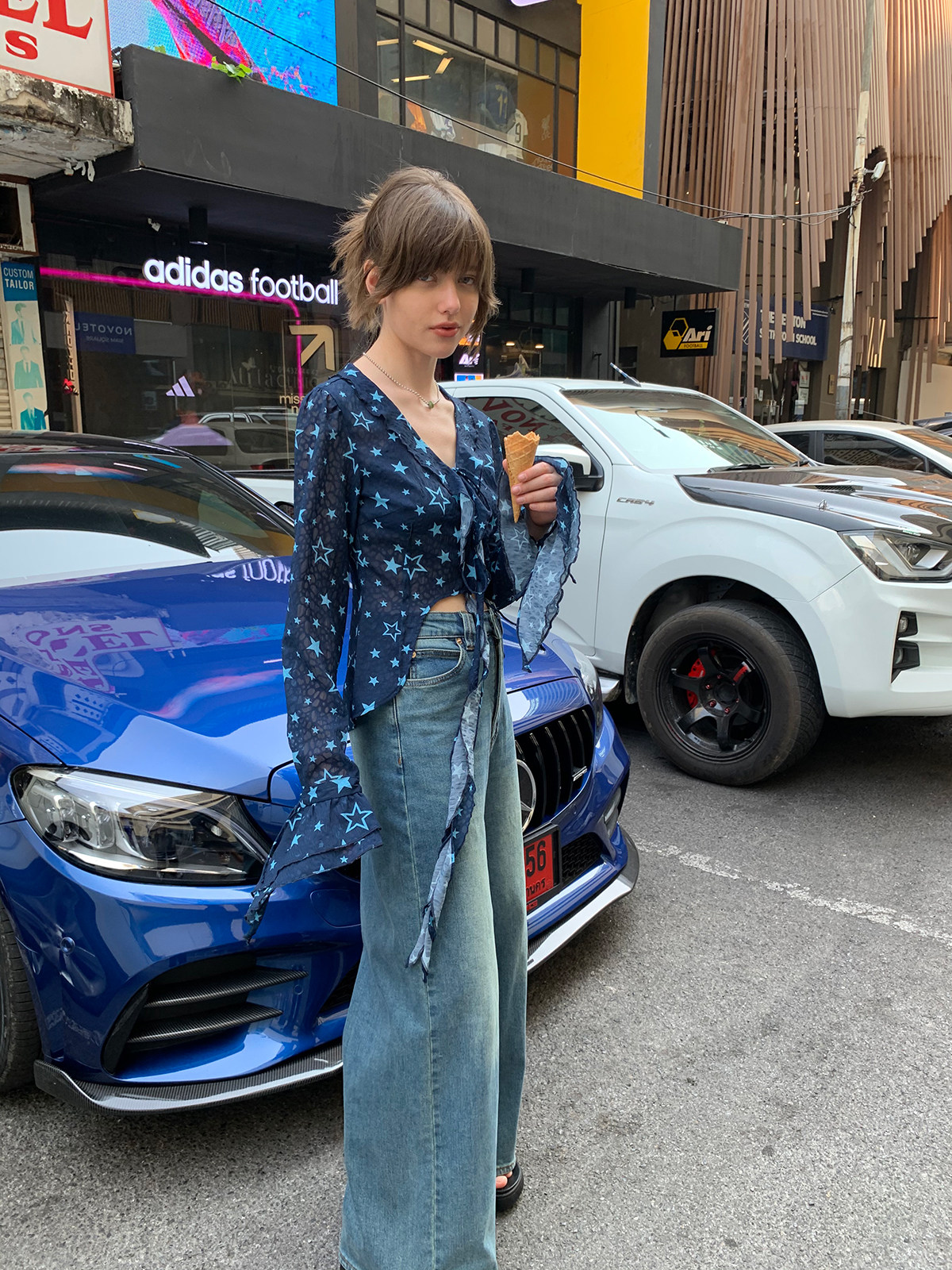 KERNEL COSMOS 23SS复古y2k千禧风飘带系带星星防晒上衣衬衫_虎窝淘