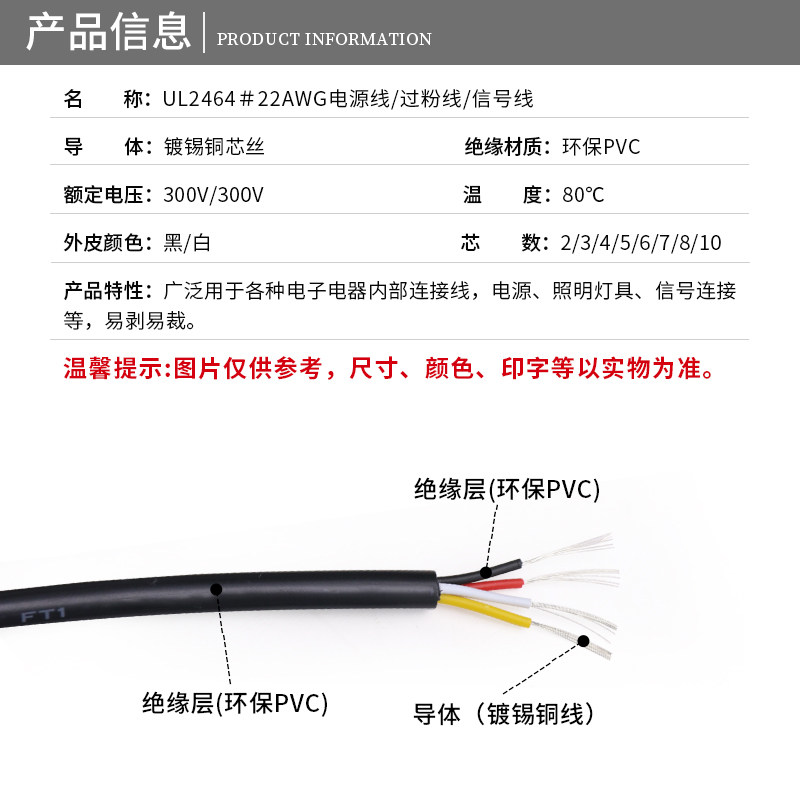 2464-22AWG多芯护套电源线 2芯3芯4芯5芯6芯7芯8芯信号控制软线_虎窝淘