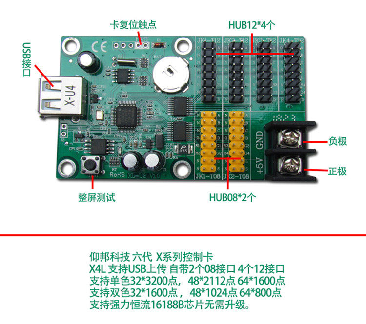 X-U4 BX-U4L单双色LED控制卡支持恒流单元板 U盘卡控制器十送_虎窝淘