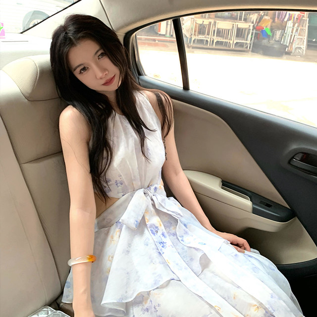 Yu Xiaoping Blues Iris Small Fresh Floral Design Niche Dress Spring Skillful Backless Long Skirt