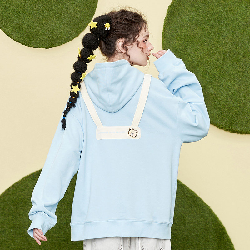 LITLAB翻折背带小熊帽衫宽松休闲青春可爱春季连帽男卫衣潮牌_虎窝淘