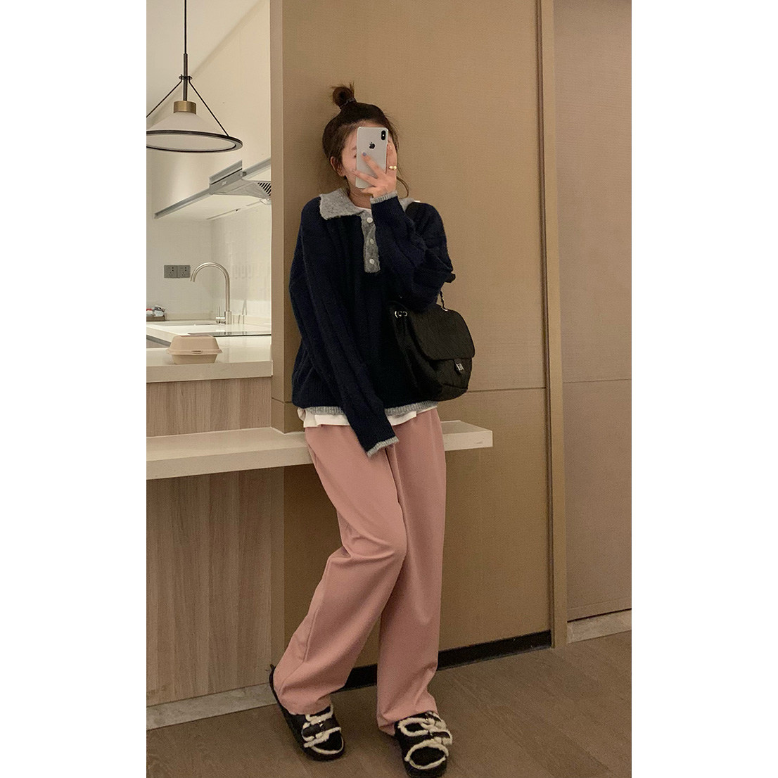 Popoco拼色翻领毛衣早秋新款韩版宽松慵懒Polo领设计感针织衫上衣_虎窝淘